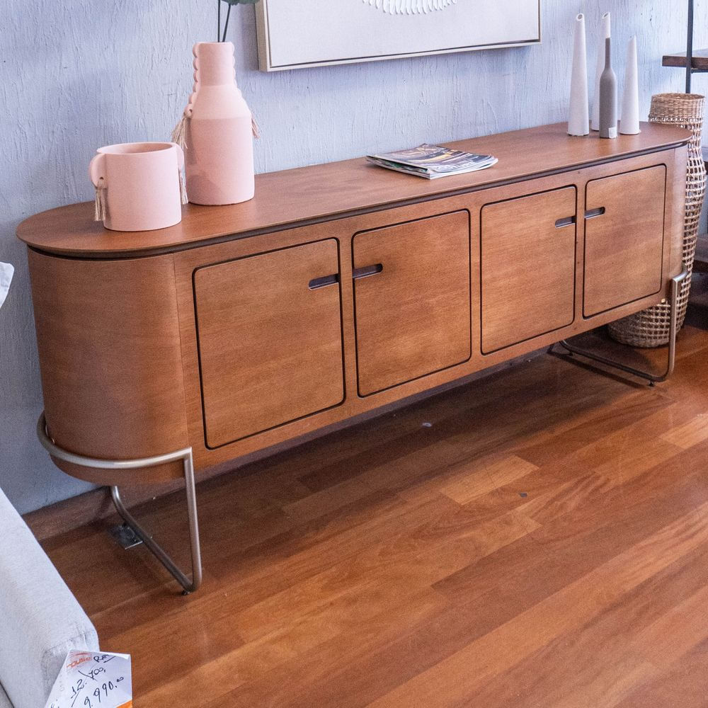 Buffet Curve 4 Portas MDF cor Imbuia Natural e Pés Aço cor Ouro 200 cm ...